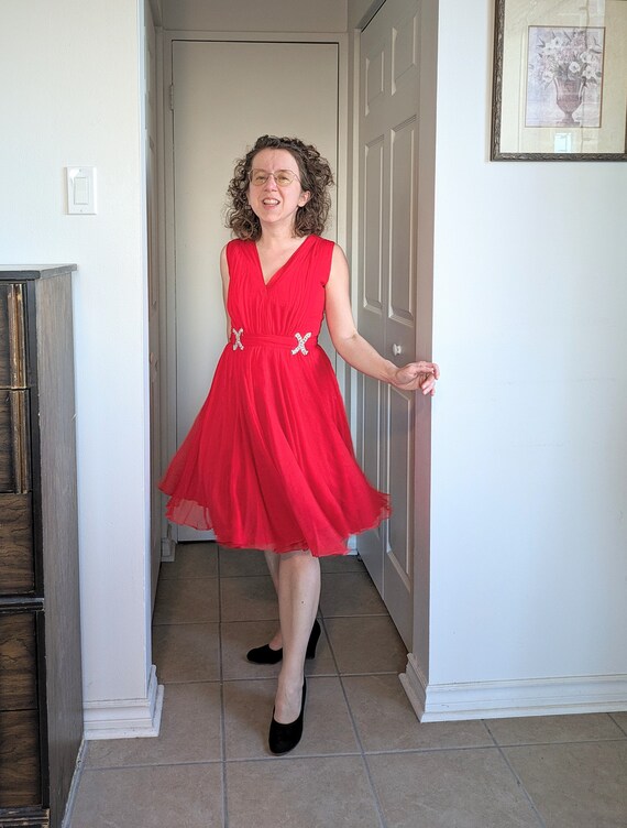 1960s Red Chiffon Mini Dress Diamond Party Dress Gem