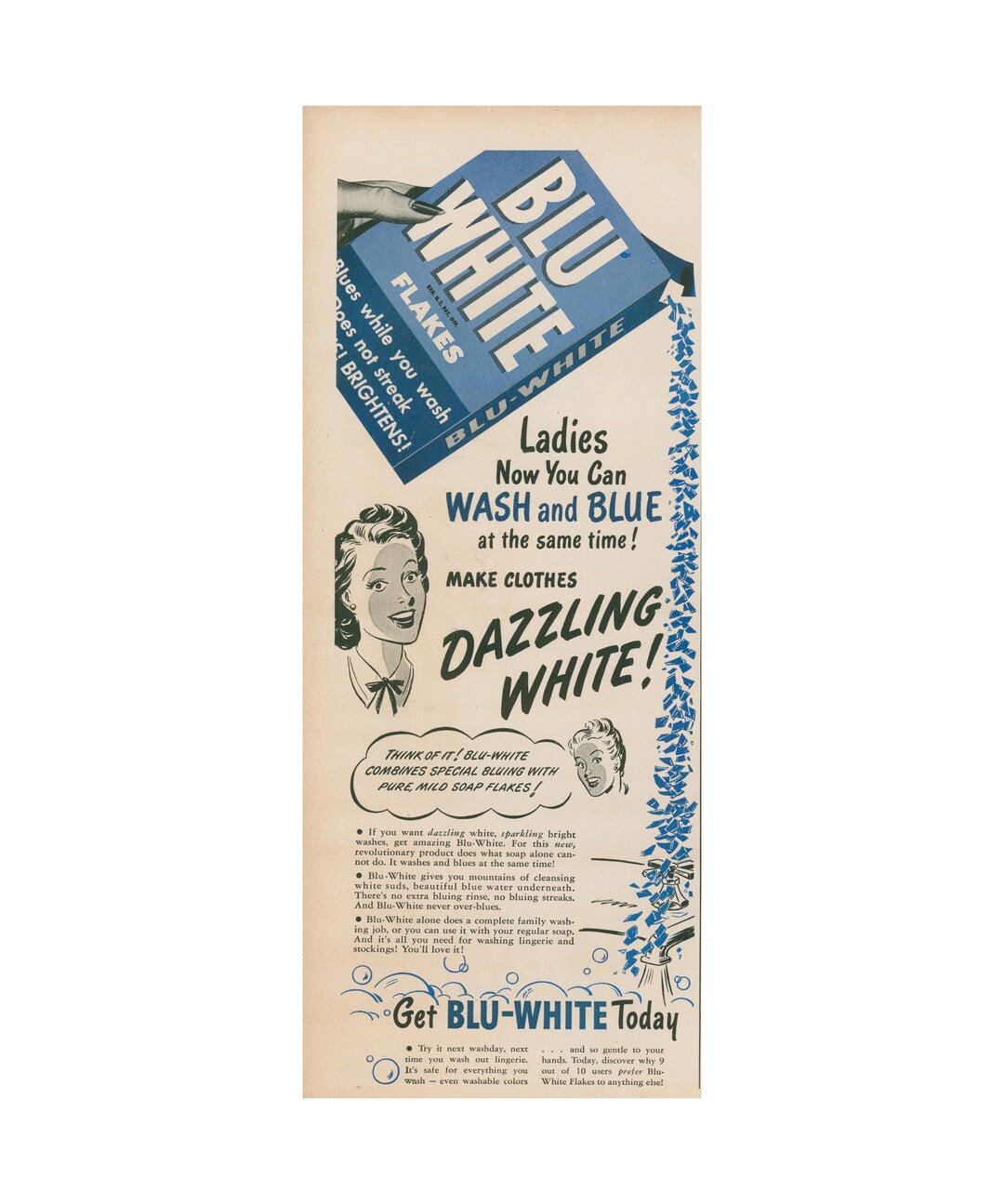 1947 Laundry Ad - Blu White Washing Flakes, Bluing, Soap, Vintage Wash ...