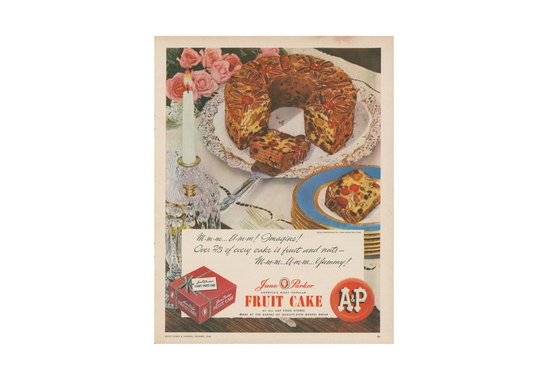 1948 Fruitcake Ad by A&P - Vintage Christmas Cake - Holiday Kitchen ...
