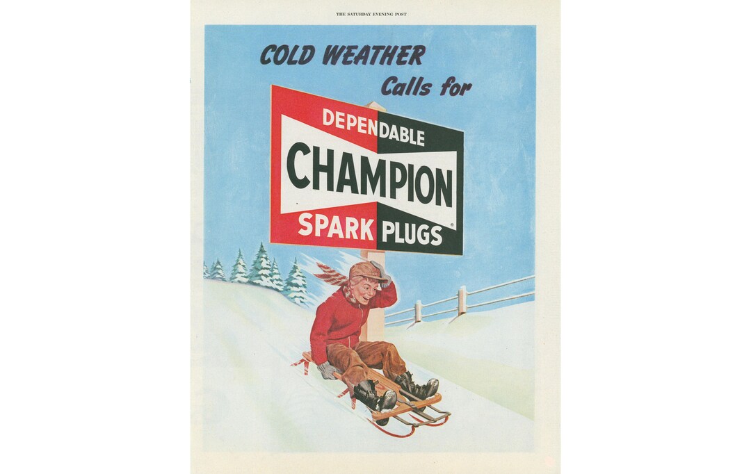 1951 Champion Spark Plugs Ad - Vintage Boy in Red Sweater Rubber Boots ...