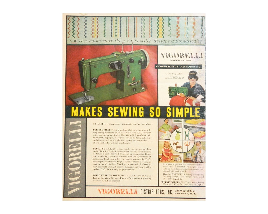 1955 Vigorelli Sewing Machine Ad - Vintage Print Ad - Unframed - Sewing ...