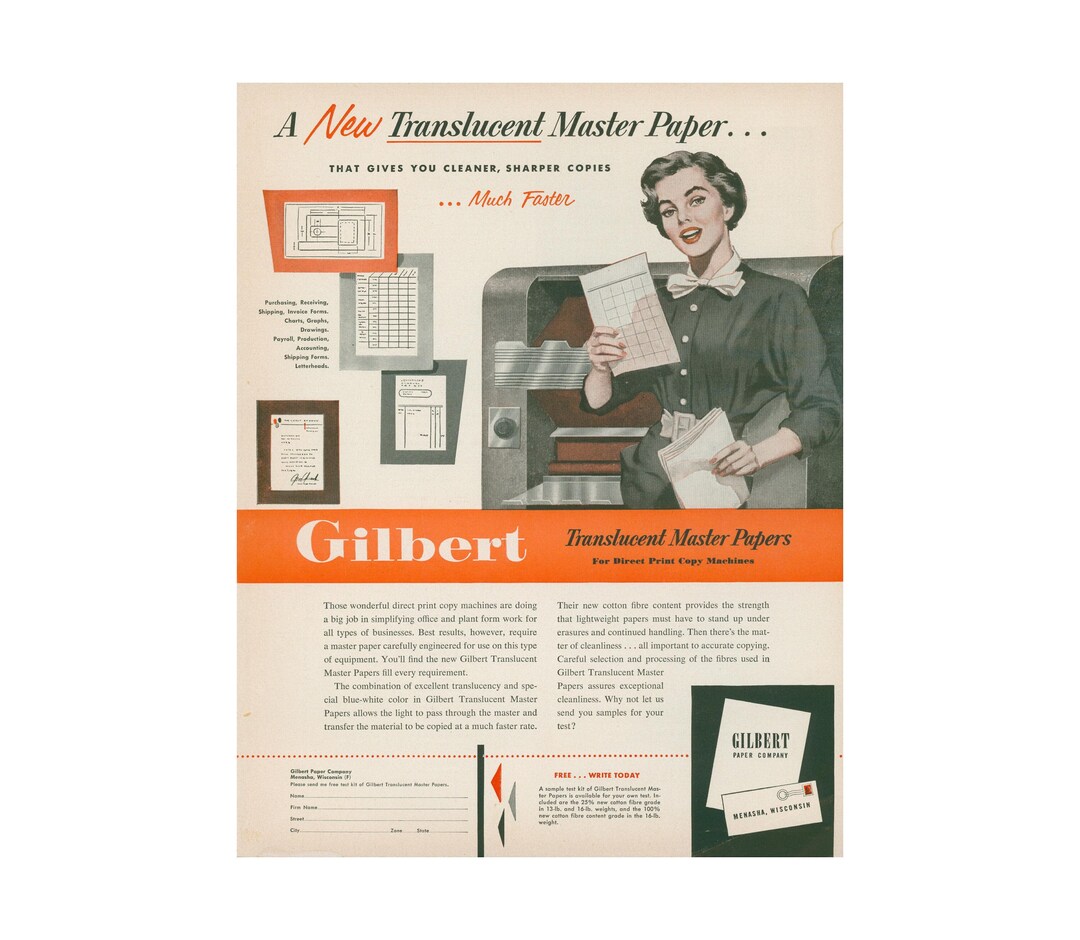1953 Office Ad Gilbert Paper Company, Secretary, Wall Art, Office Decor ...