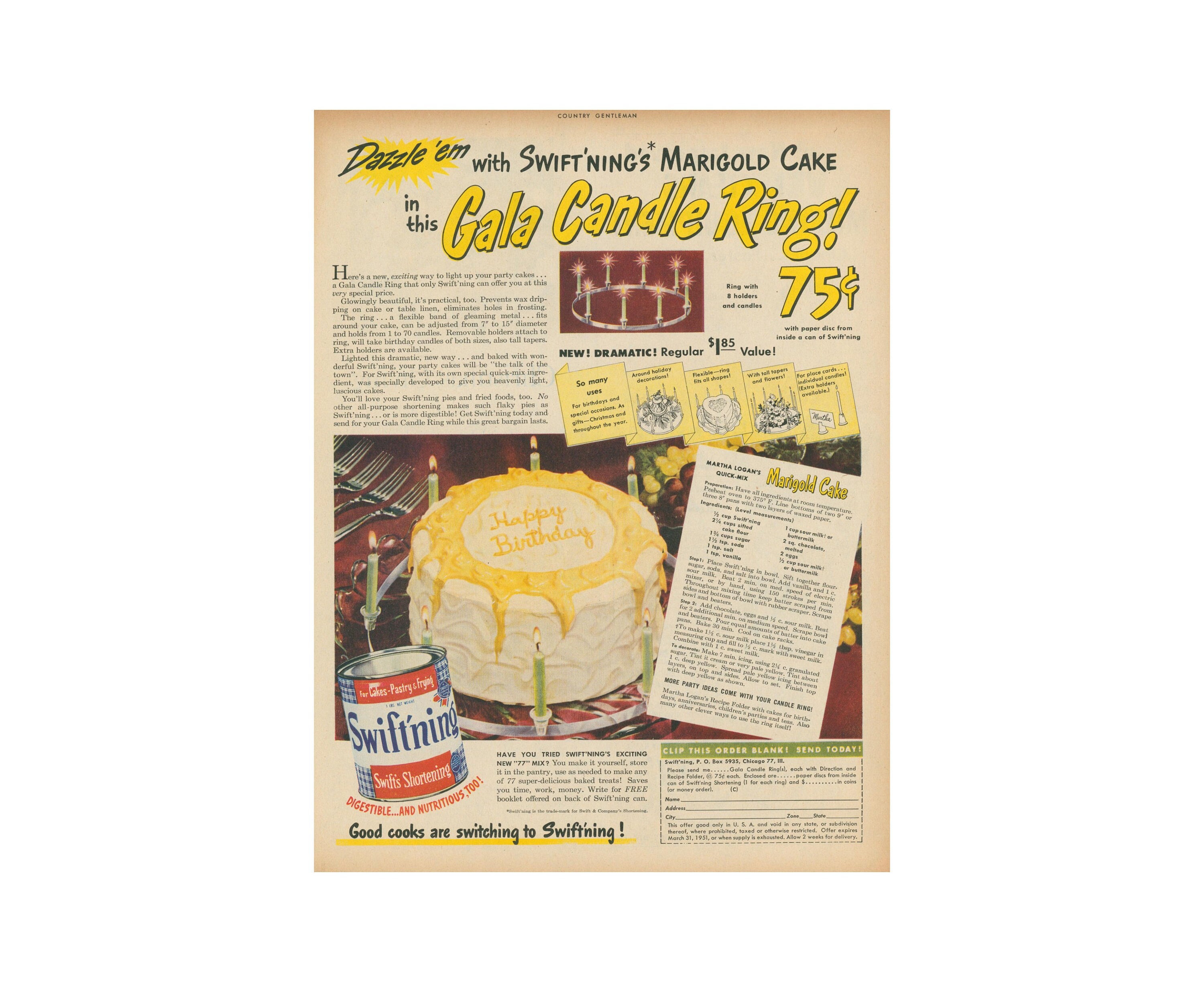 1950 Swift's Shortening Ad Features Gala Candle Ring and - Etsy