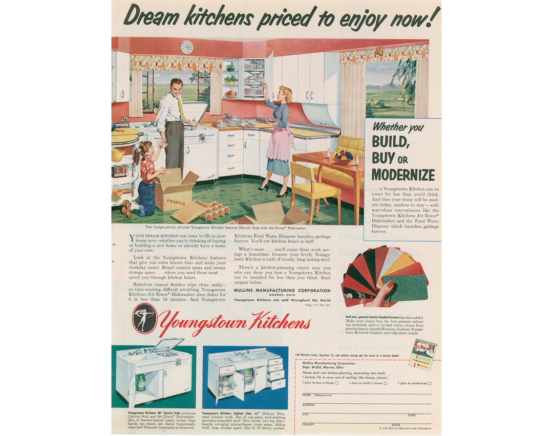 1953 Youngstown Kitchens Ad - Cute 1950s Family, Happy Housewife ...