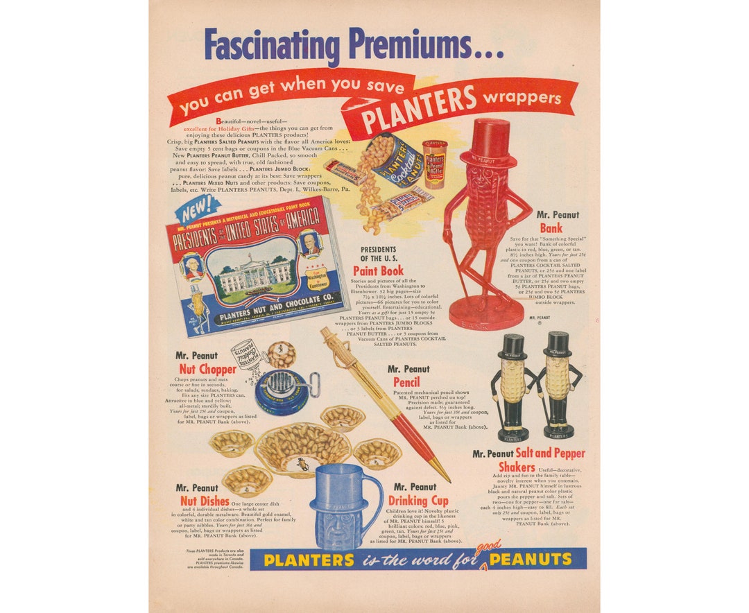 1948 Planter's Ad - Vintage Mister Peanut Premiums - Bank, Salt and ...