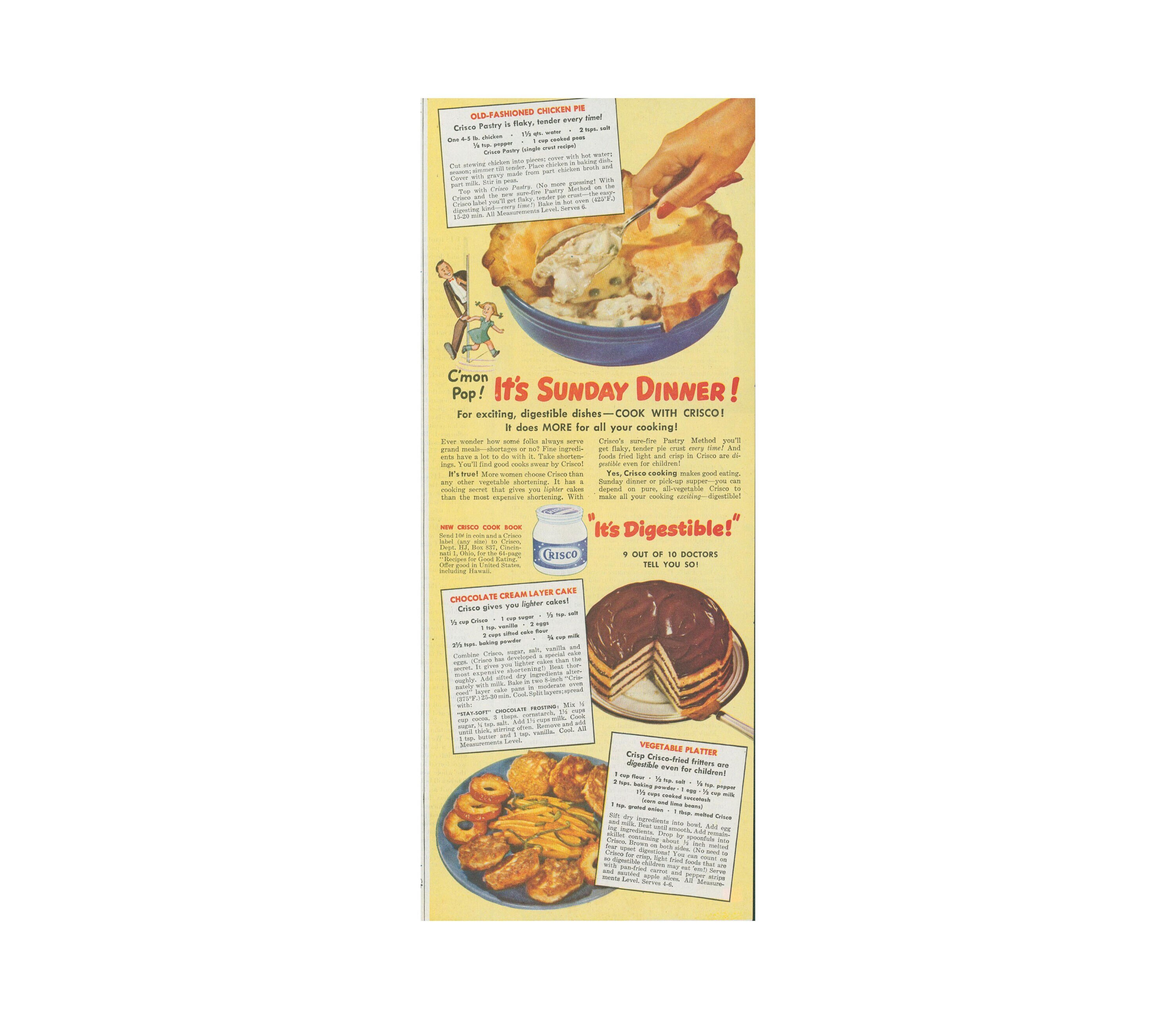 1945 Crisco Ad Vintage Baking Ad With Chocolate Layer Cake Recipe and ...