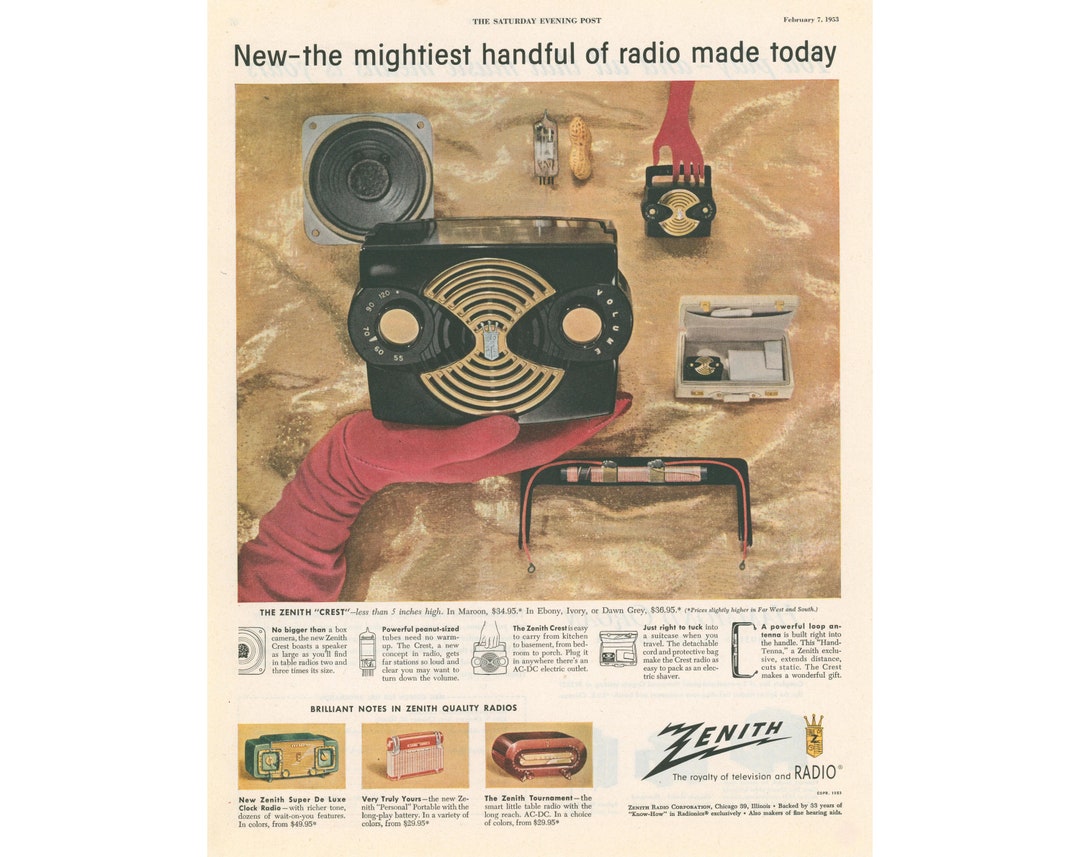 1953 Zenith Portable Radio Ad - Zenith Crest Model, Vintage Print ...