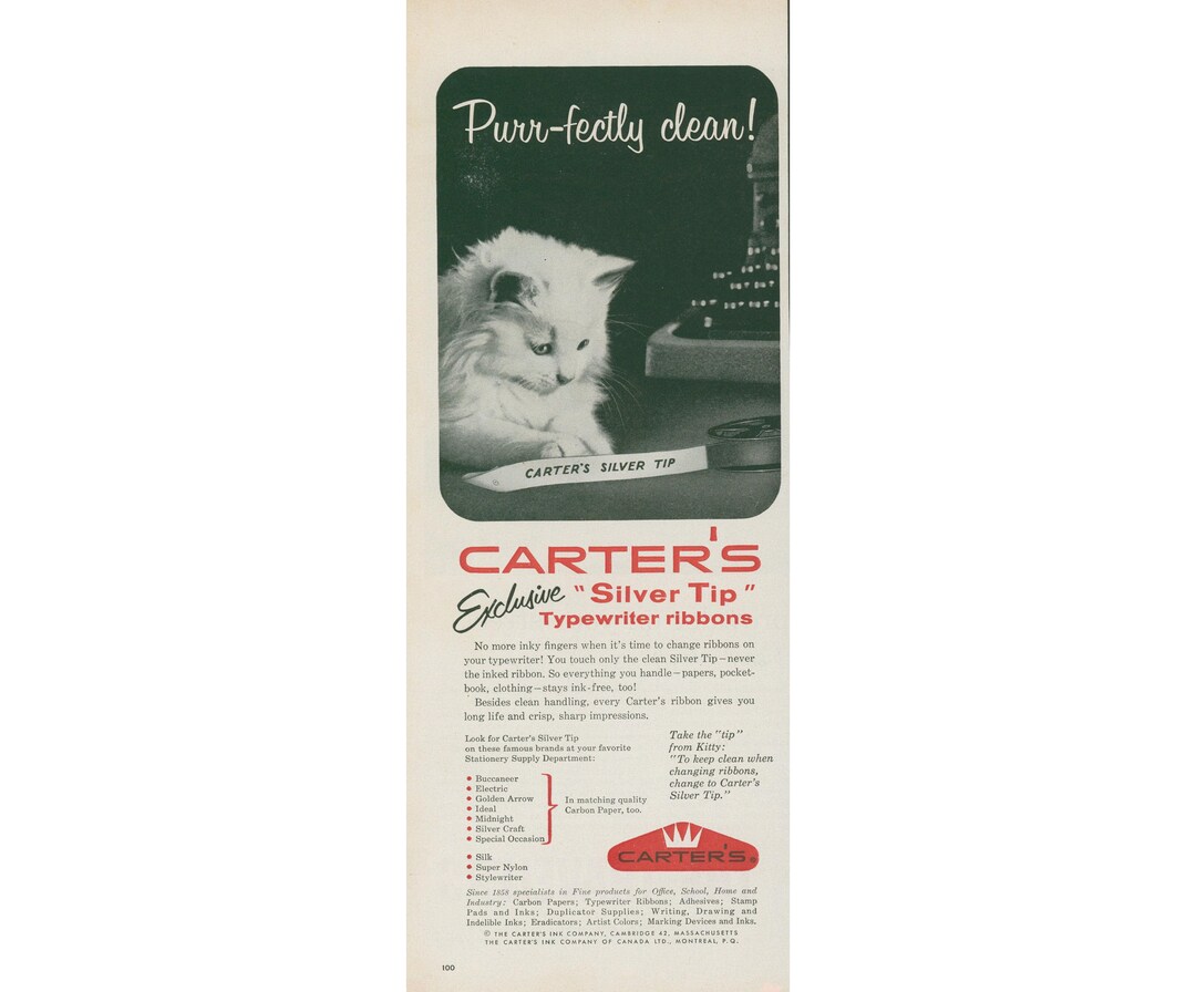 1957 Carter Typewriter Ribbon Ad White Cat Plays With Silver Tip Ribbon ...