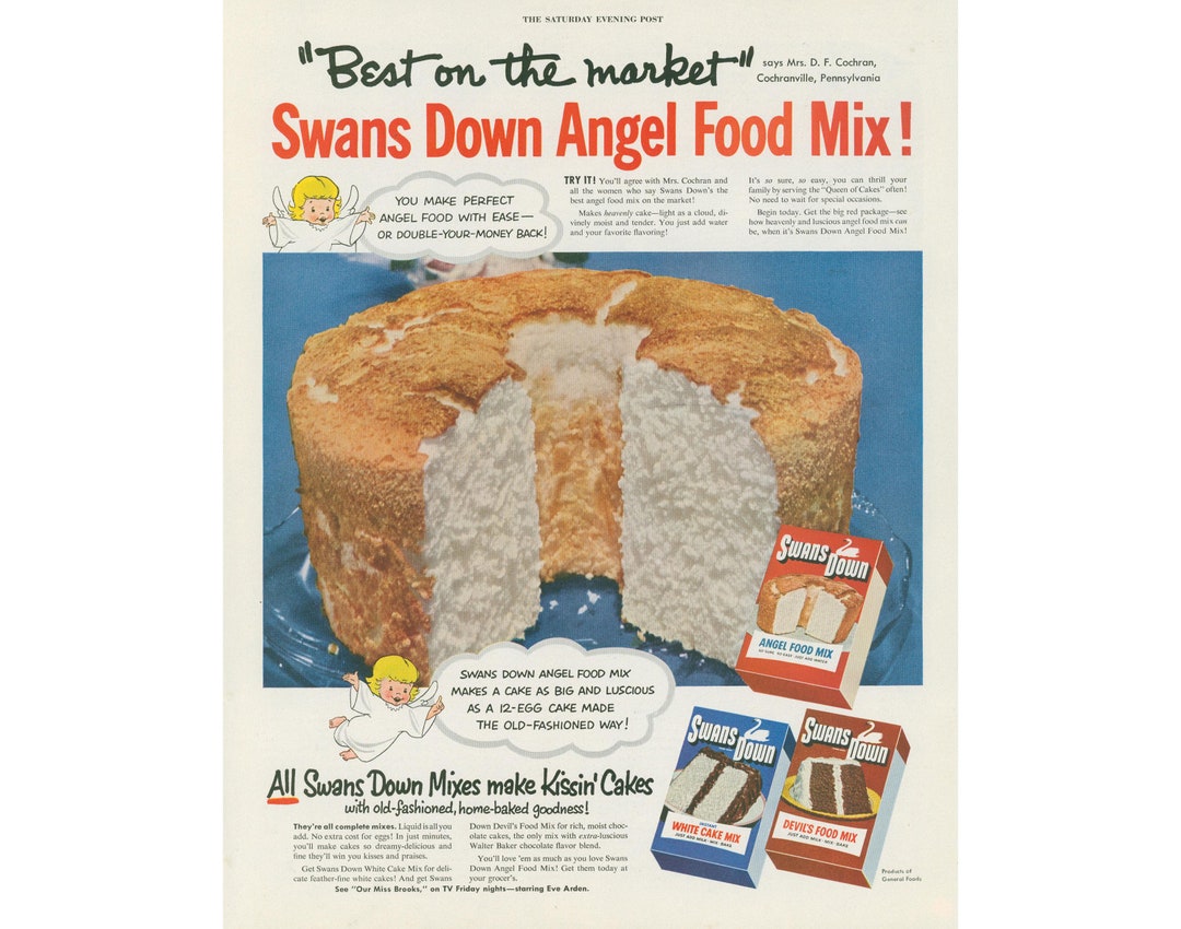 1953 Swans Down Cake Mix Ad - Vintage Baking - Angel Food Cake Wall ...