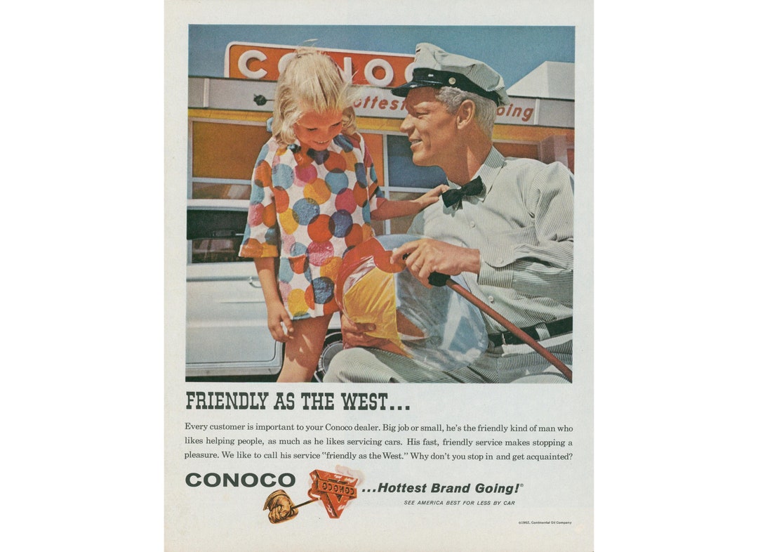 1962 Conoco Ad Service Station Attendant Uses Air Hose to Blow up ...