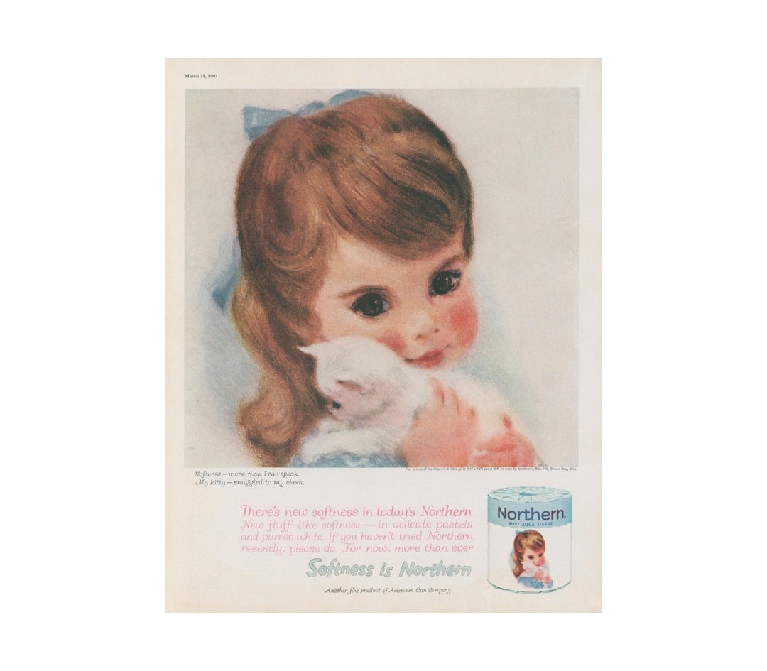 1961 Northern Tissue Ad Toilet Paper, Sweet Girl and Kitten, Vintage ...
