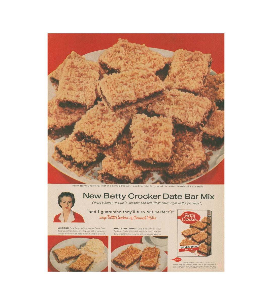 1956 Betty Crocker Ad for Date Bars - Box Mix for Baked Dessert ...