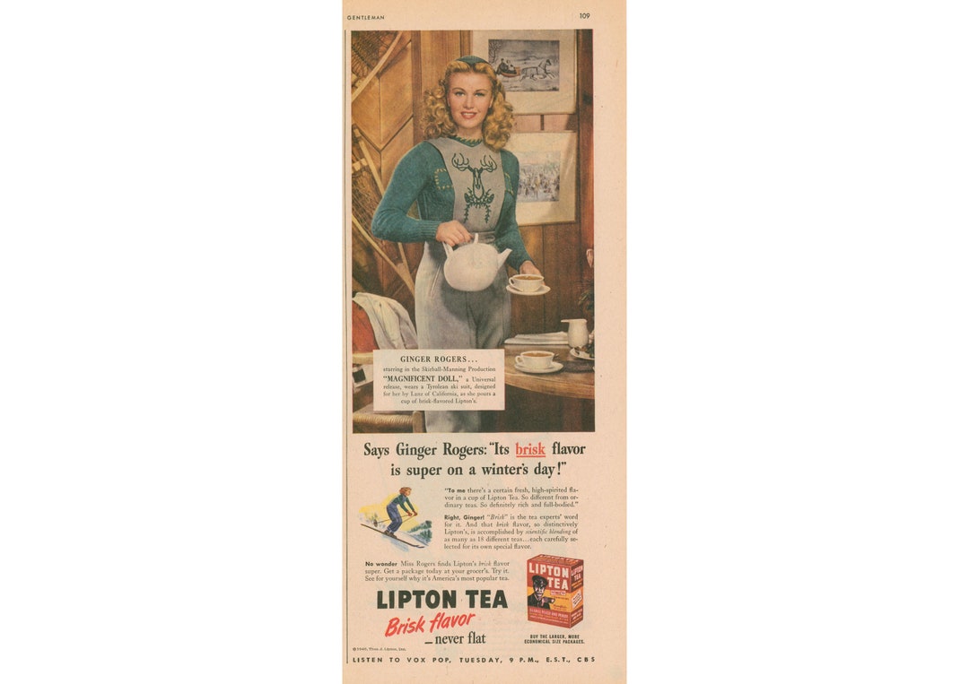 1947 Lipton Tea Ad With Ginger Rogers Unframed Vintage Magazine Print Advertisement - Etsy