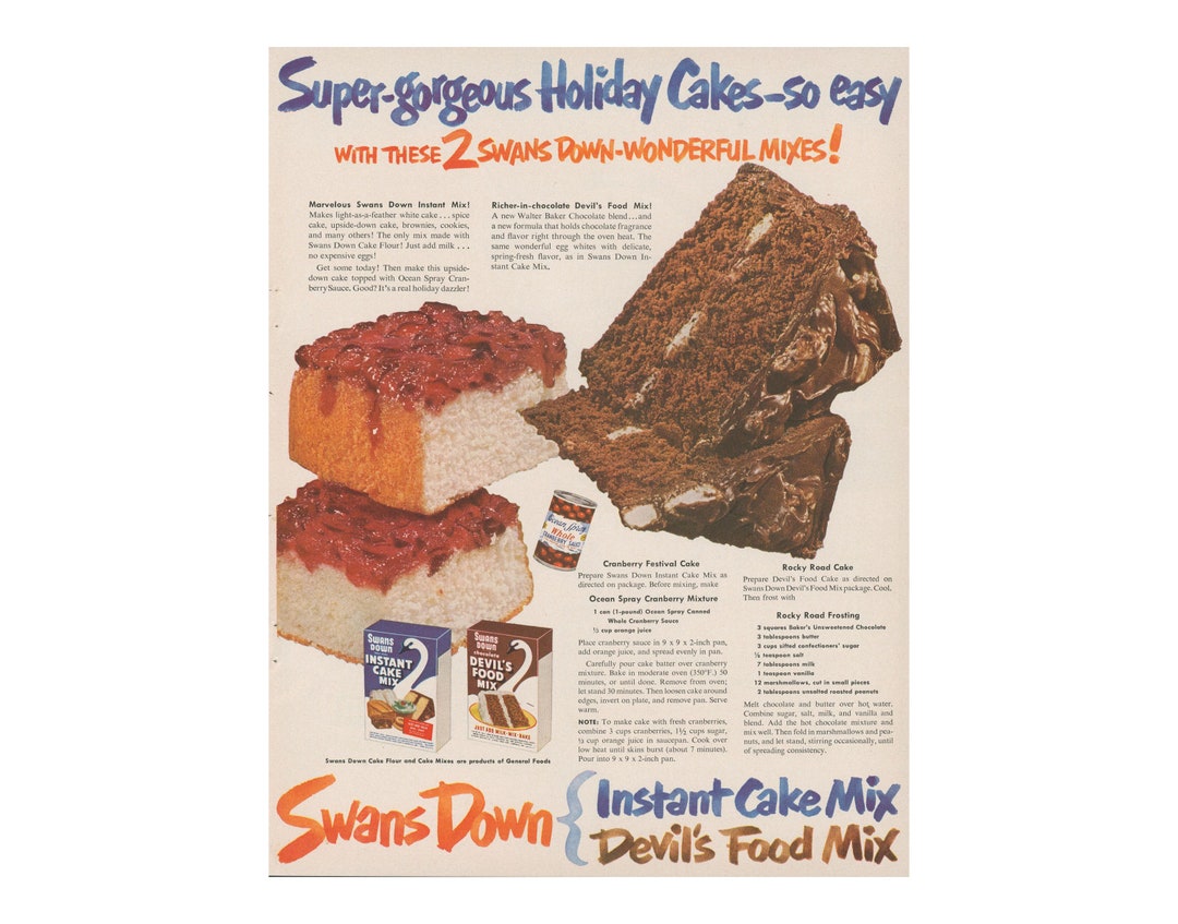 1950 Swans Down Cake Mix Ad With Two Holiday Recipes Cranberry and ...