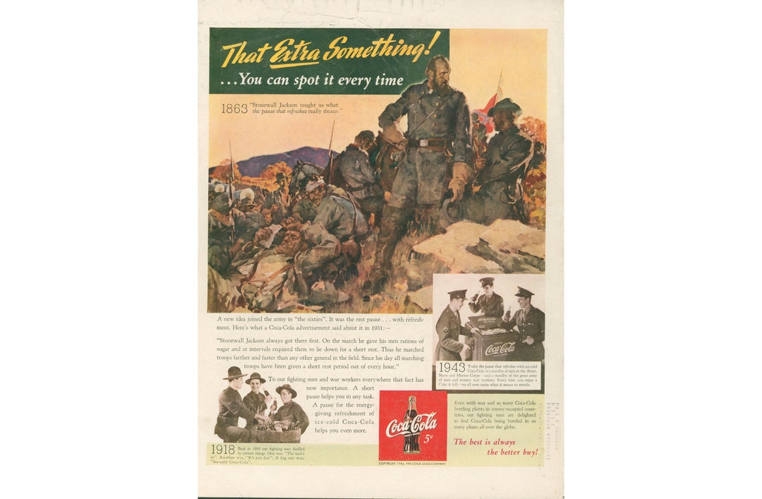 1943 Coca Cola Ad Wartime Coke Advertising Shows WW1 and WW2 Soldiers ...