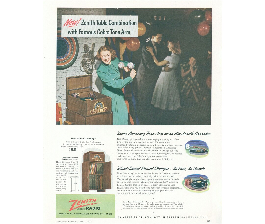 1948 Zenith Phonograph Ad Century Model Record Player, Vintage Magazine ...