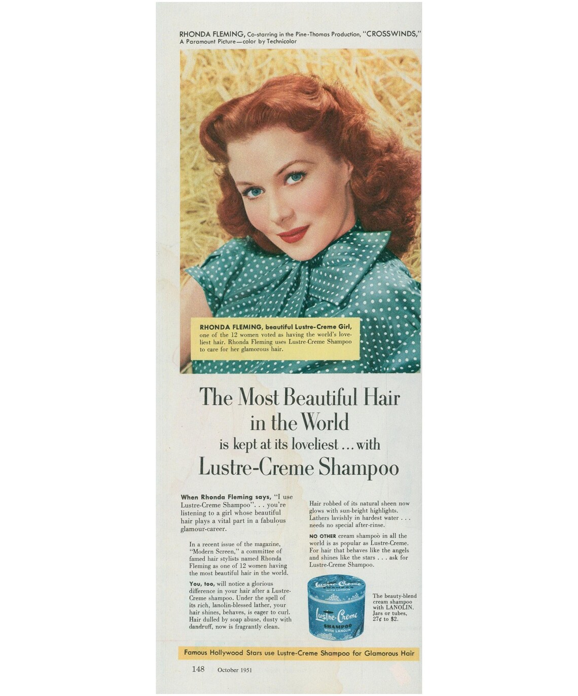 1951 Lustre-creme Ad With Rhonda Fleming Redhead Beauty, Vintage Hair ...
