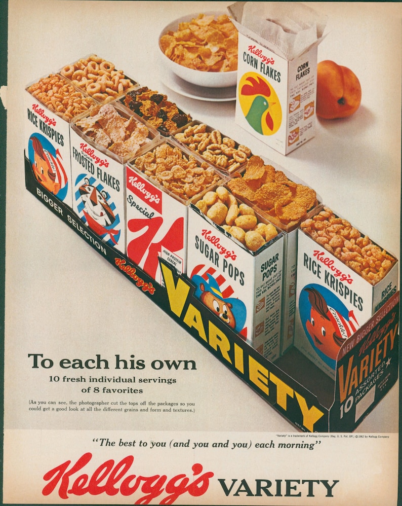 1962 Kellogg's Cereal Ad Vintage Breakfast Kitchen Decor Food Wall Art ...