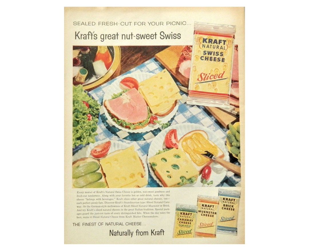 1958 Kraft Cheese Ad Vintage Food Ad Kitchen Wall Decor Swiss Muenster ...