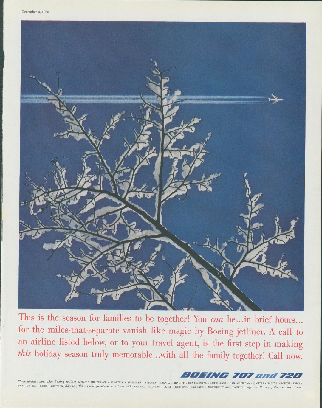 1960 Boeing Jetliner Ad 707 and 720 Winter Sky, Frozen Branches ...