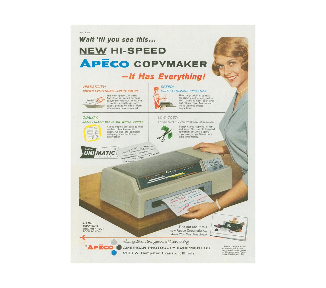 1961 Apeco Copymaker Ad - Vintage Ad, Office Equipment, Copier ...
