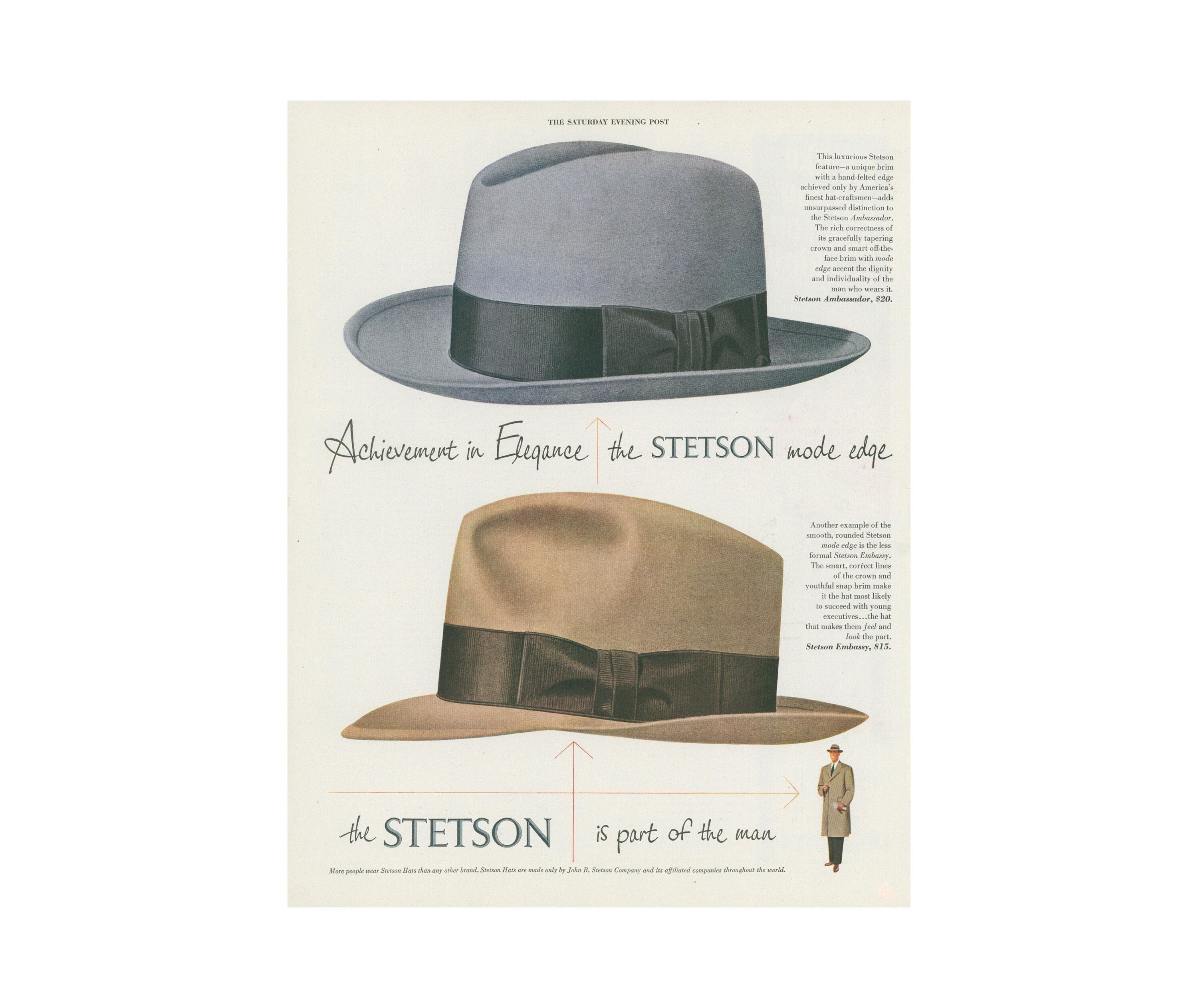 1950 Stetson Hat Ad Two Men's Models Ambassador and - Etsy