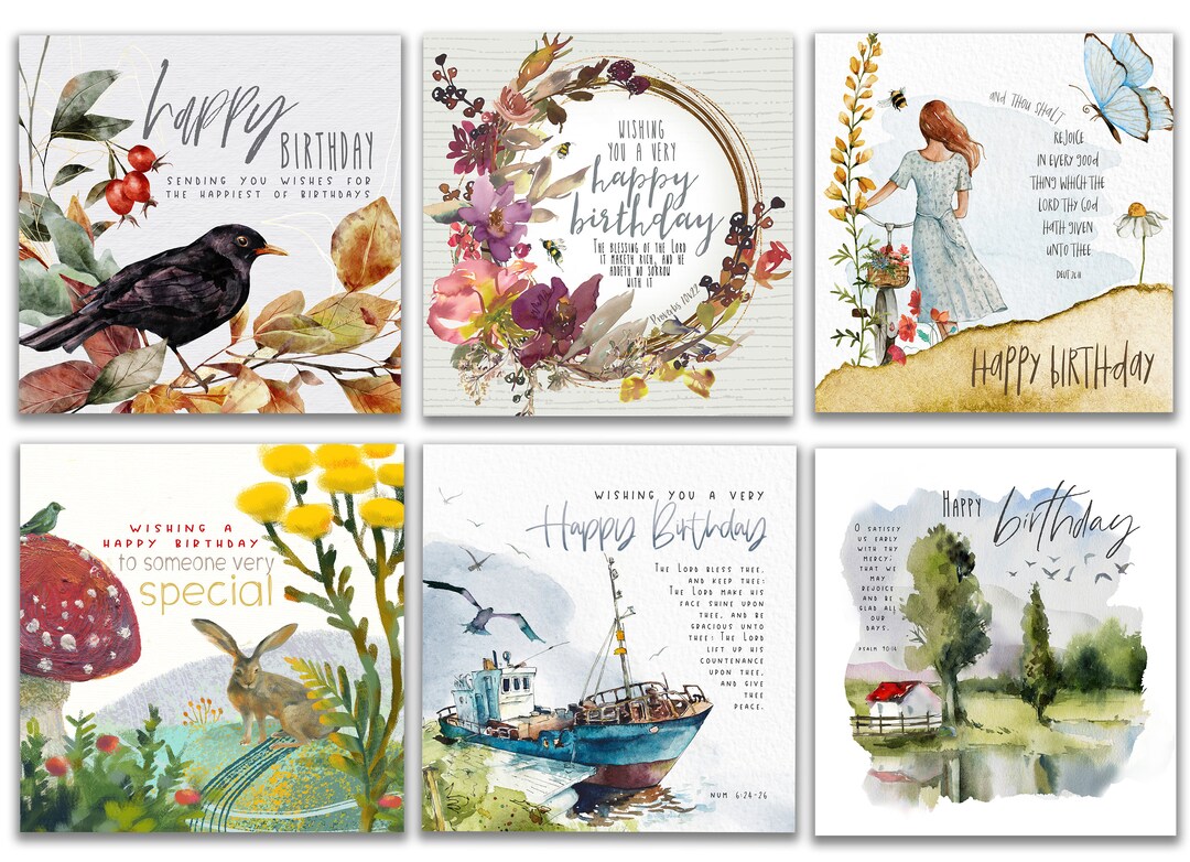 6 Mixed Christian Bible Verse Birthday Cards Kjv Watercolour Art ...