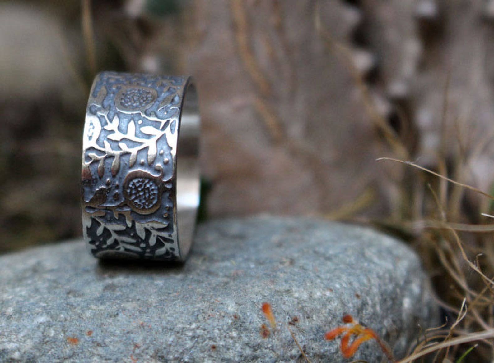 Sterling Silver Pomegranate Ring - Flower - Fruit - Love - Etched ...