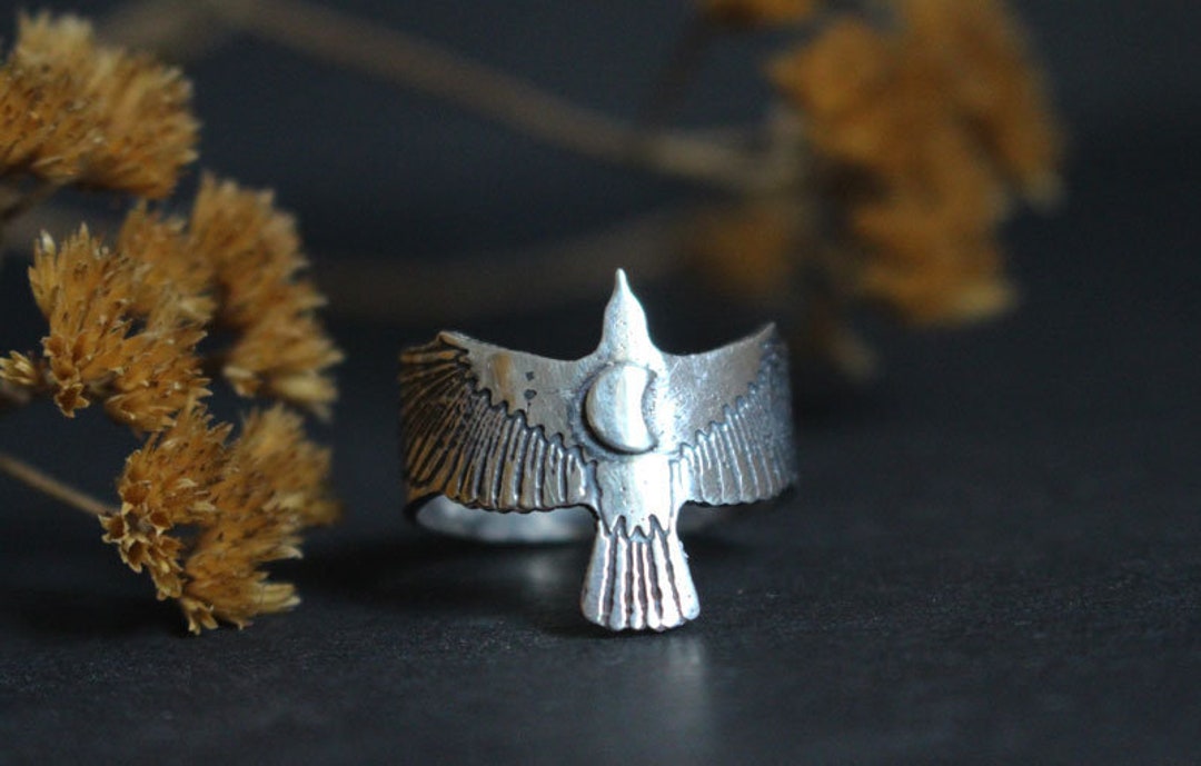 Crow Ring - Bird - Animal - Sterling Silver Raven Ring - Black - Wings ...