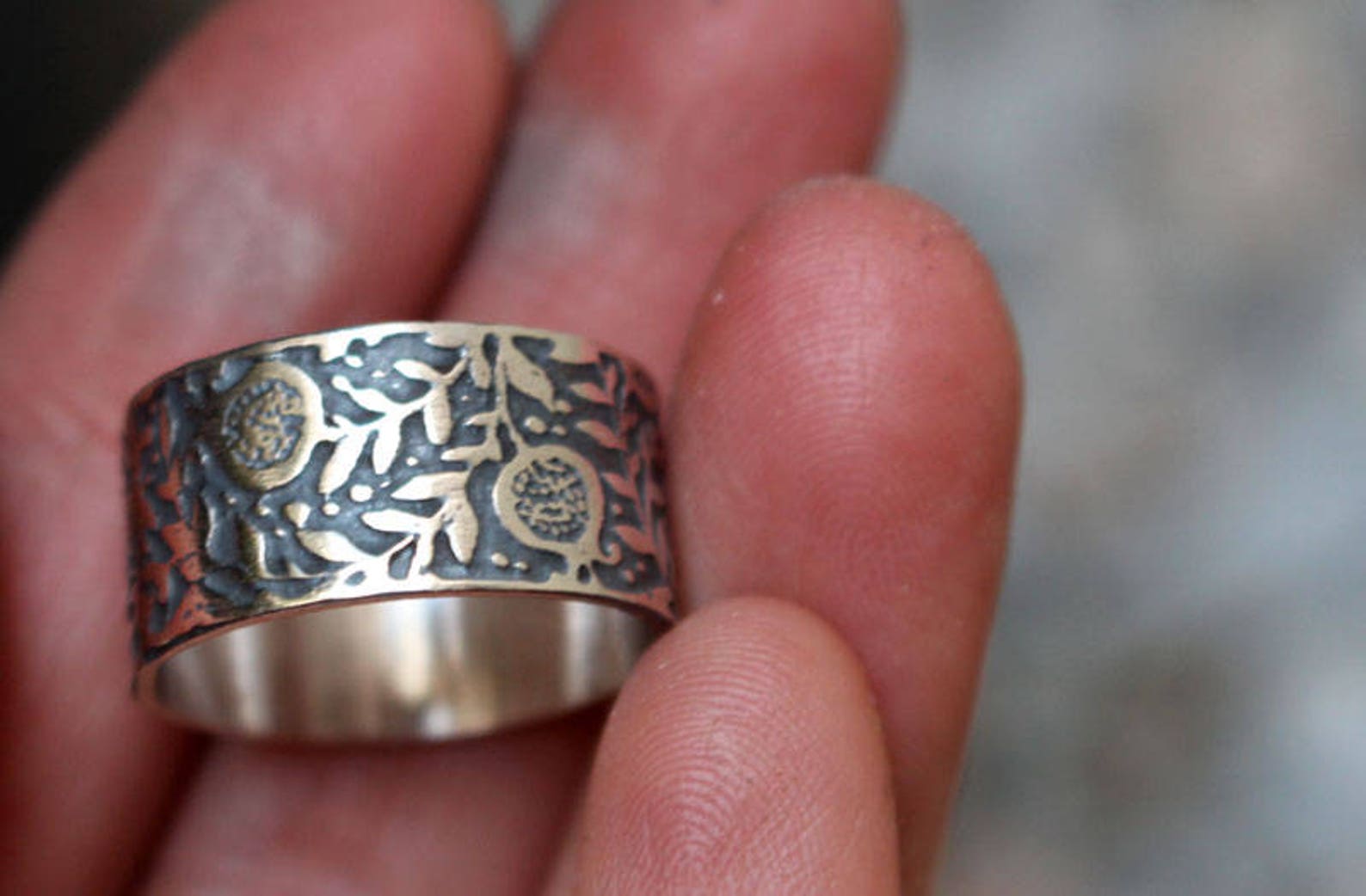 Sterling Silver Pomegranate Ring - Flower - Fruit - Love - Etched ...