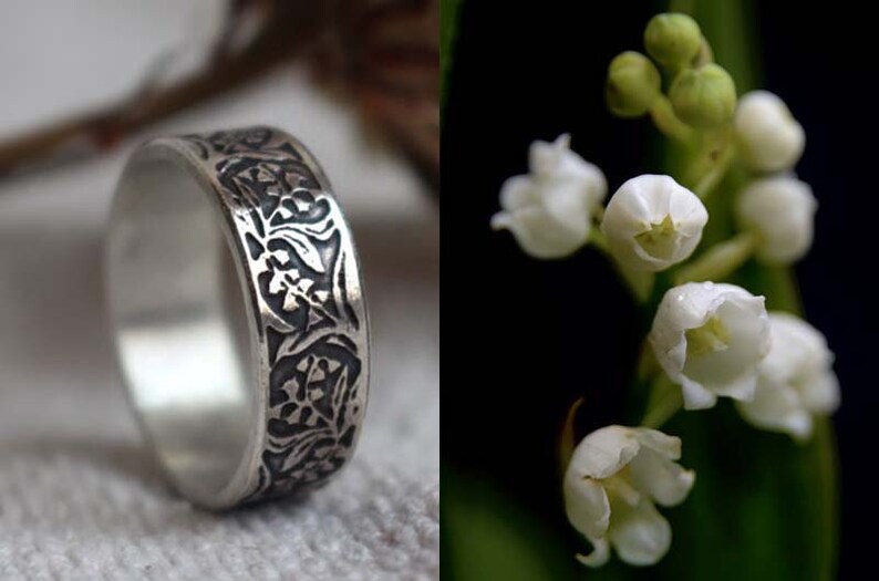 Lily of the Valley Ring- Silver Engraved Band- May Birth Flower Ring ...