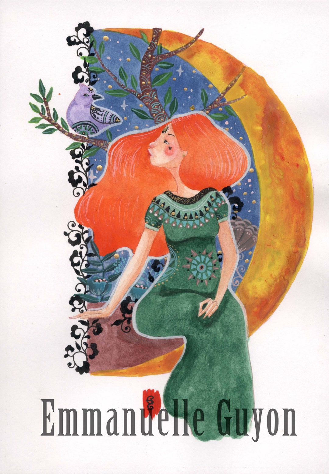 Moon Goddess Painting, Original Lunar Art, Mystical Woman With Bird ...