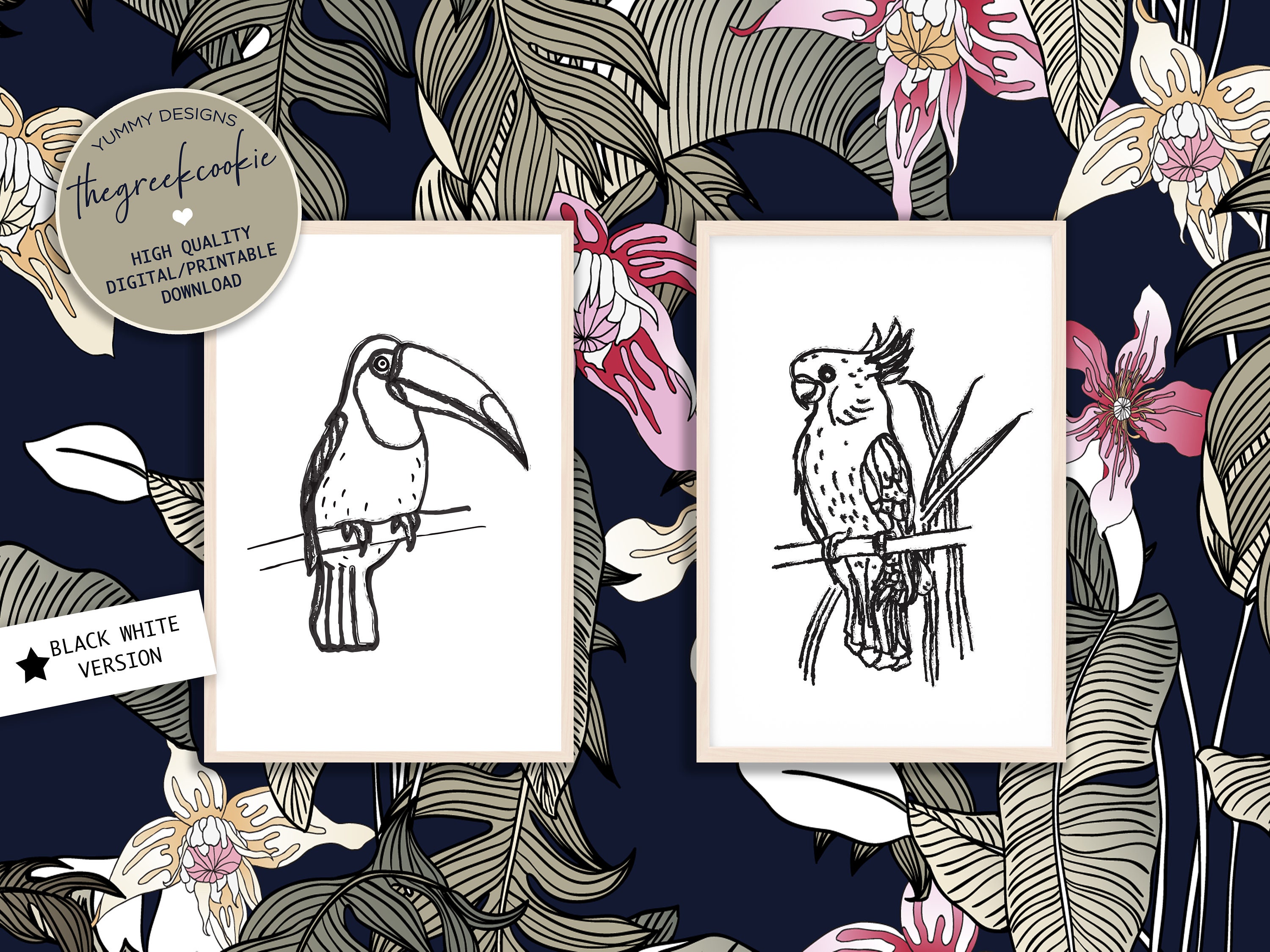 Exotic Bird Duo Hand Drawn Printable Wall Art - Etsy