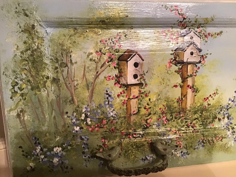 Beautiful Birdhouse Wildflower Door Panel With Green Painted Bird Brass ...
