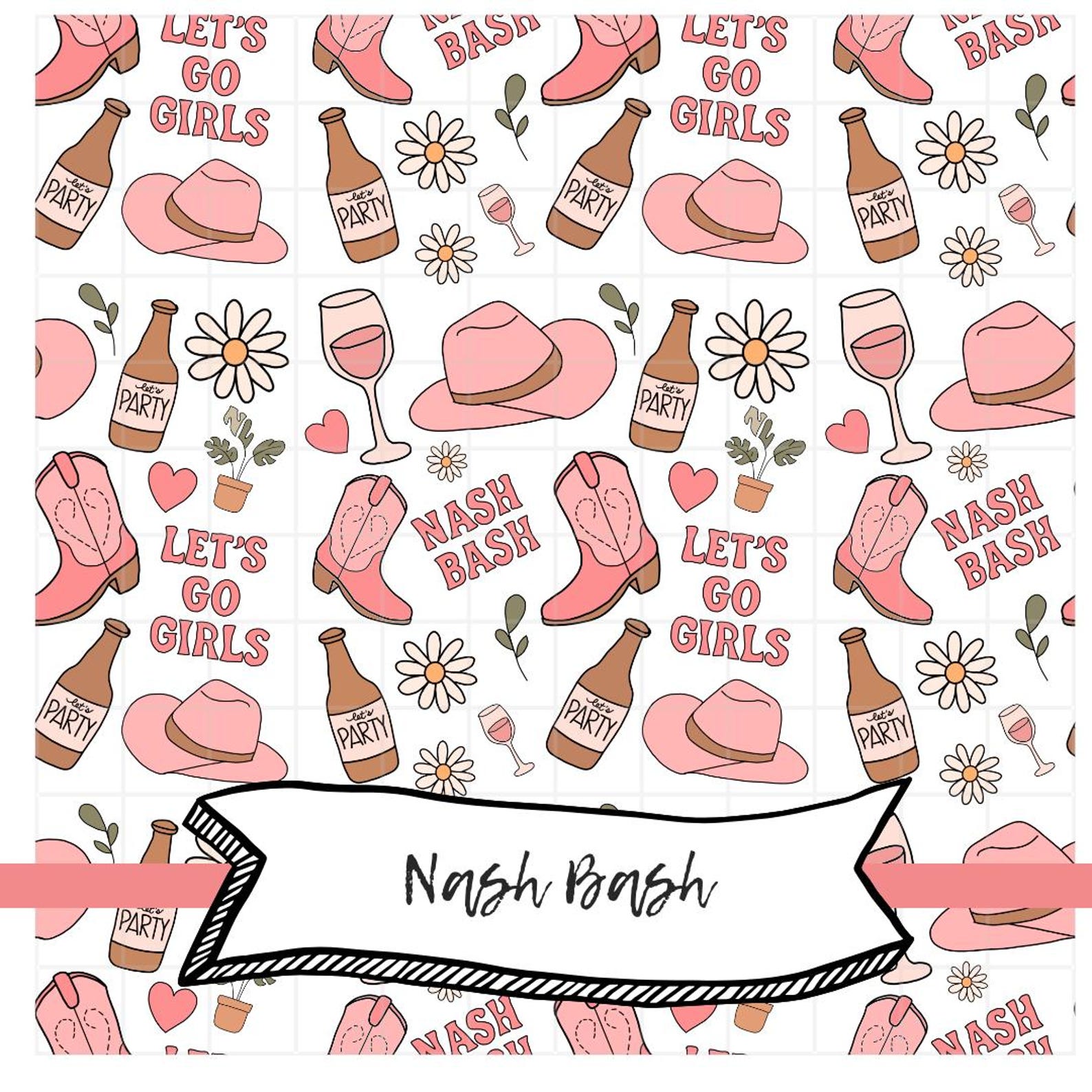 Nash Bash Seamless Pattern | Pink Cowgirl Boots, Hats, Wine Glasses and ...