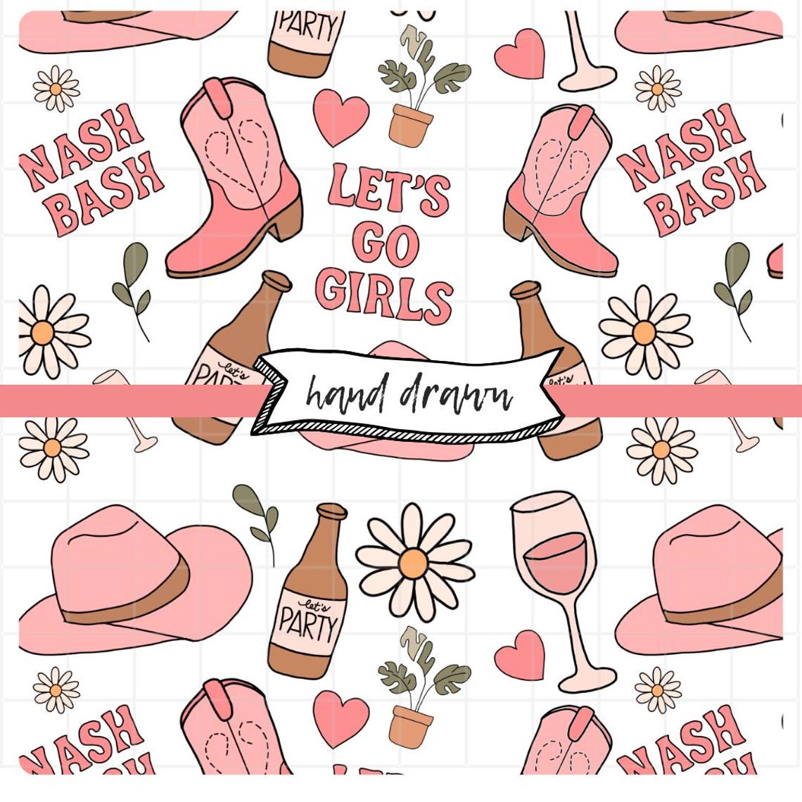 Nash Bash Seamless Pattern | Pink Cowgirl Boots, Hats, Wine Glasses and ...