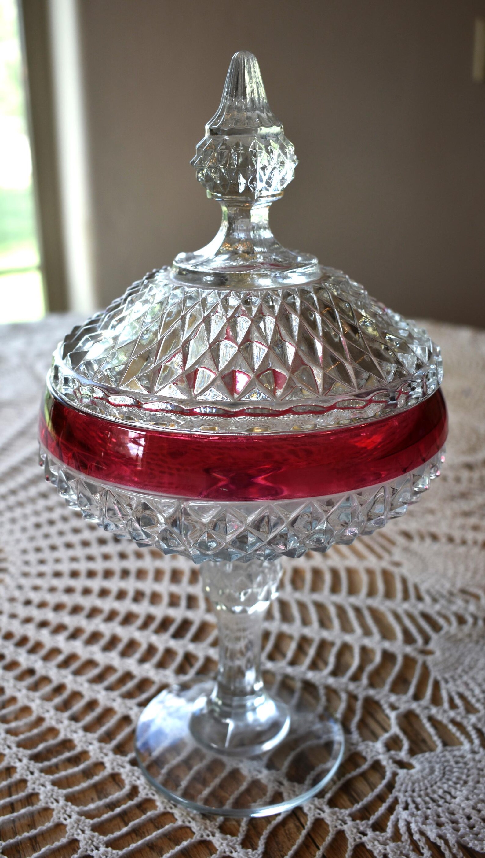 Vintage Indiana Diamond Cut Pedestal Ruby Point Candy Dish With Lid - Etsy