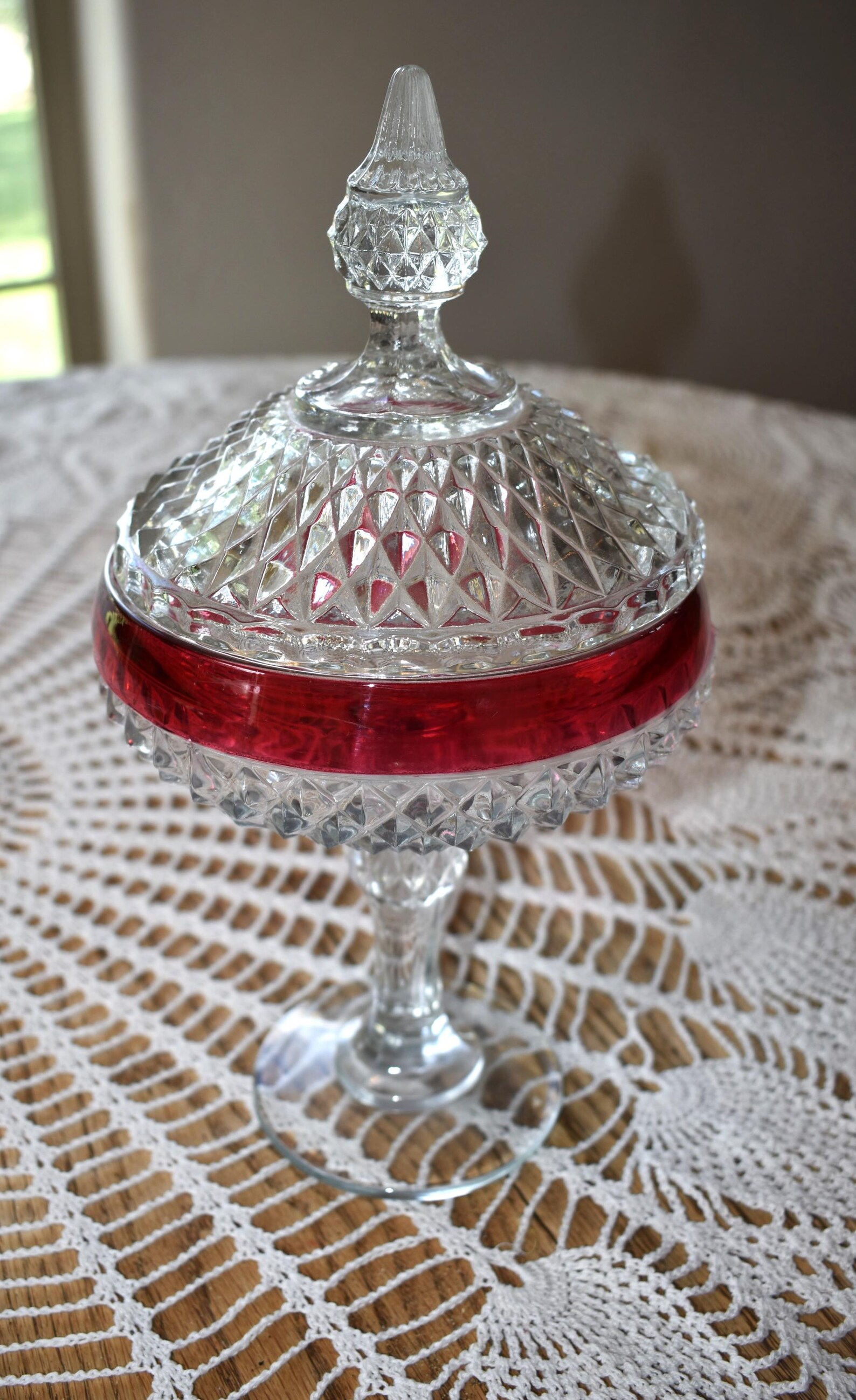 Vintage Indiana Diamond Cut Pedestal Ruby Point Candy Dish With Lid - Etsy