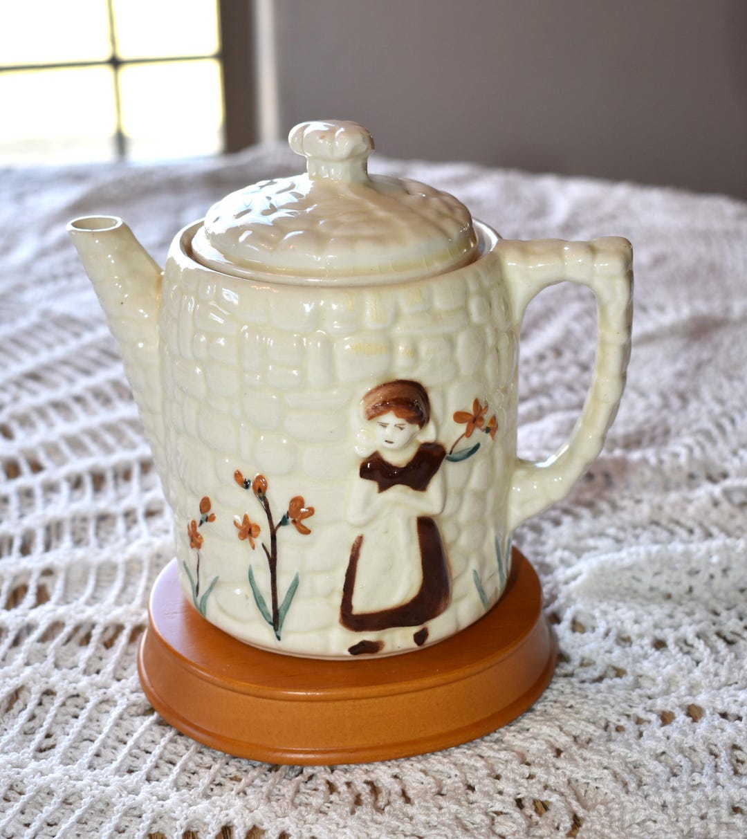 Vintage Porcelier Cobblestone Teapot Country Girl With Orange Flowers ...