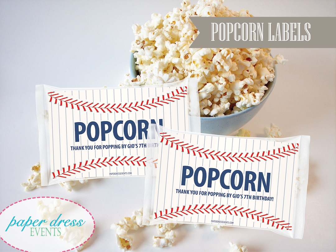 Set of 12 - Baseball Popcorn Labels Microwave Popcorn Birthday Party ...