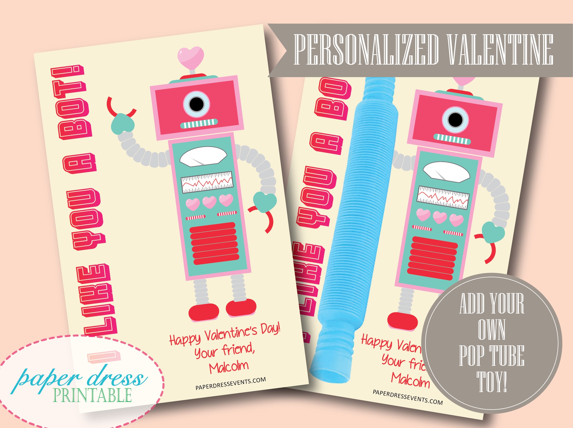 I Like You a Bot Valentine - Pop Tube Valentine - Toddler Kids ...
