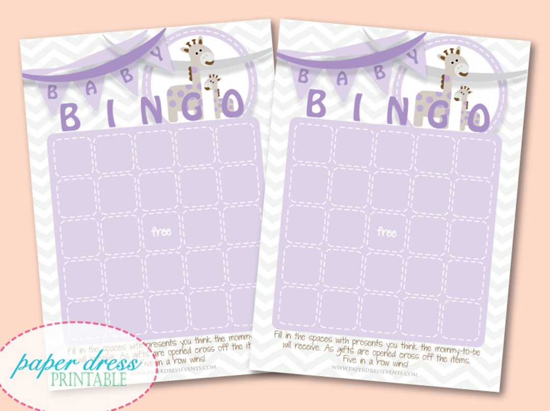 INSTANT Download Baby Giraffe Chevron Shower Bingo Game Card Purple ...