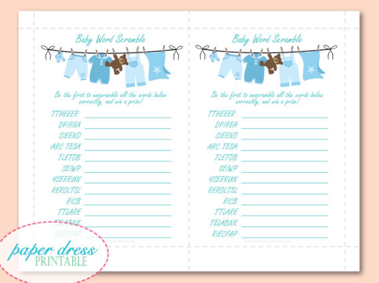 INSTANT Download Baby Shower Clothesline Word Scramble Game Blue ...