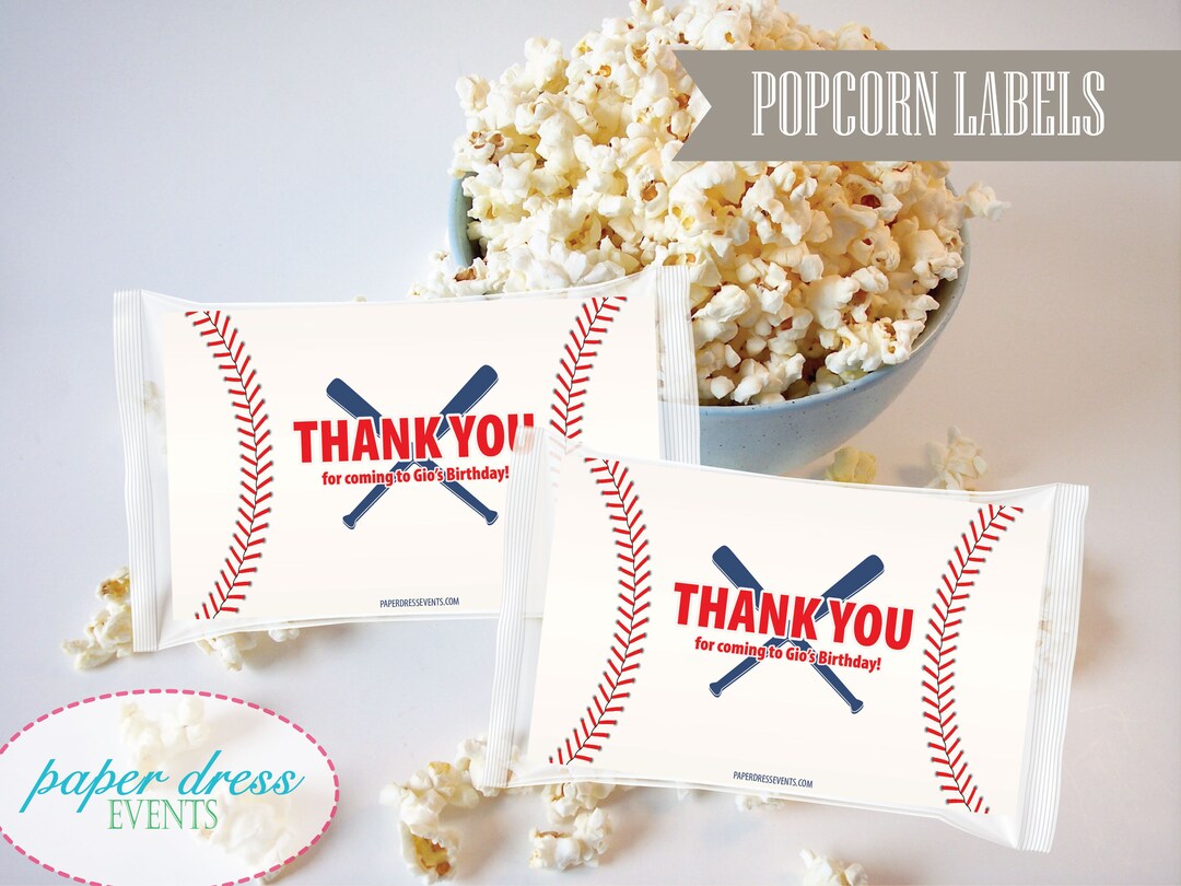 Set of 12 - Baseball Popcorn Labels Microwave Popcorn Birthday Party ...