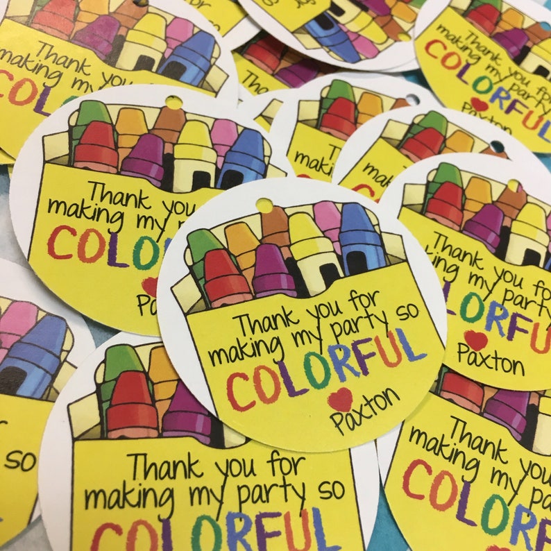 Set of 12 - Crayon Art Coloring Theme Thank You Birthday 2" Circle Tags ...