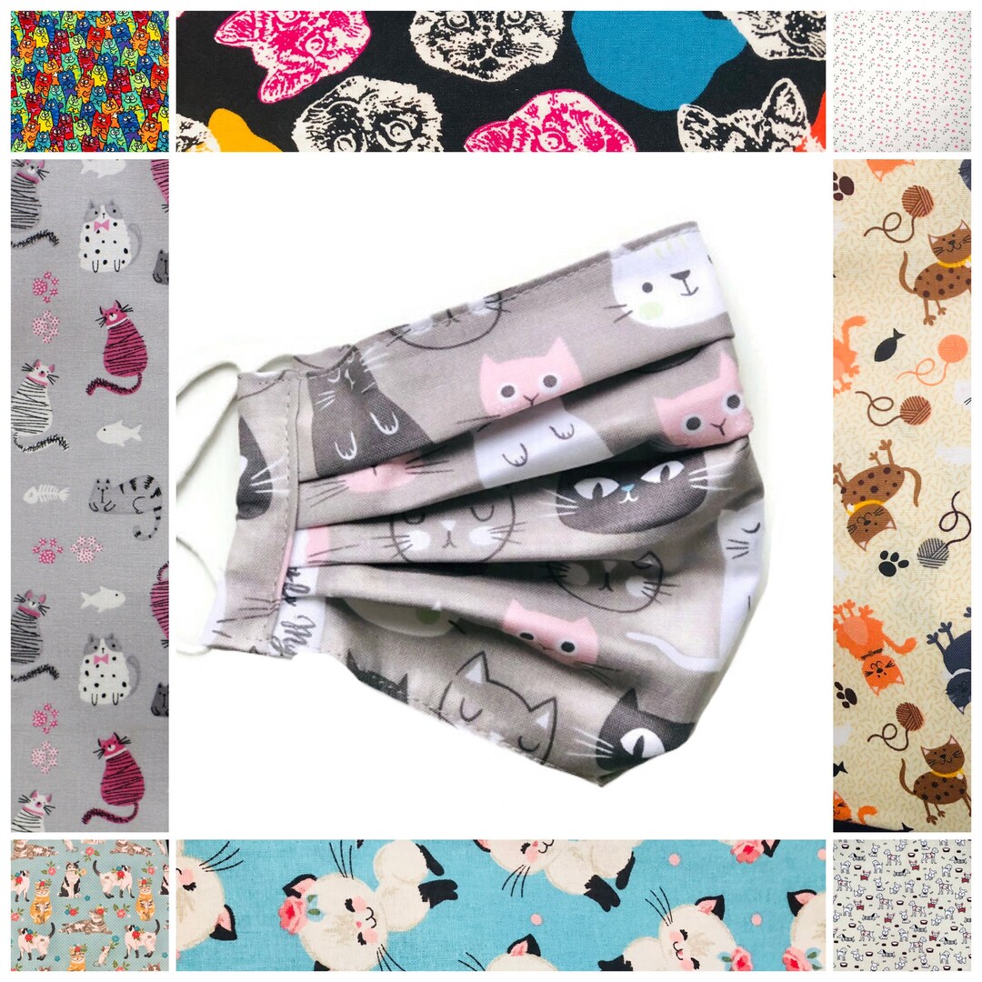 Pleated Face Masks for Cat Lovers - 2 Layer Cotton With Fabric Ties or ...