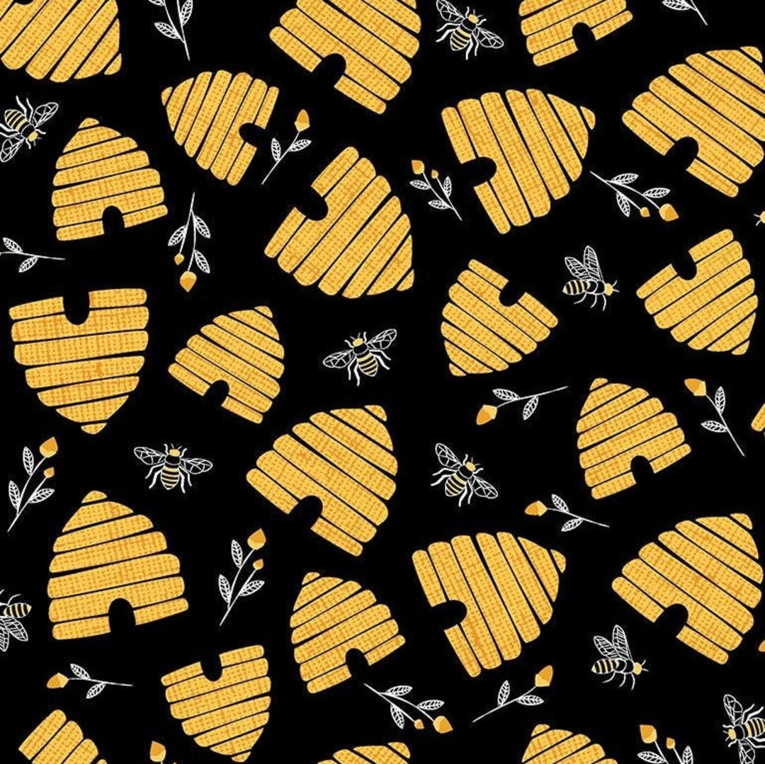 Bee Hives and Bees on Black | Timeless Treasures C8122 | 100% Cotton ...