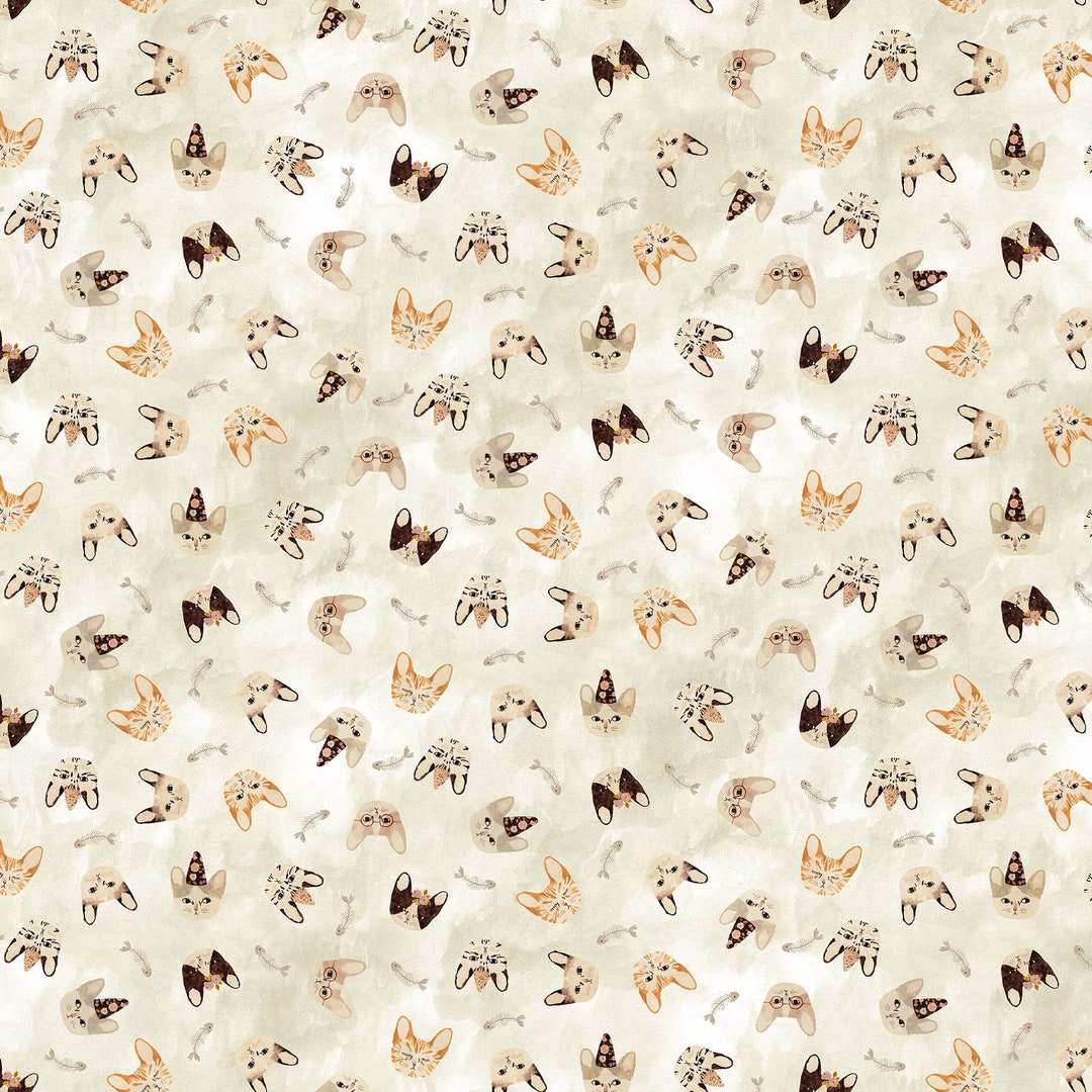 Tossed Cat Heads in Cream | Marcel by Cecile Metzger | FIGO Fabrics ...