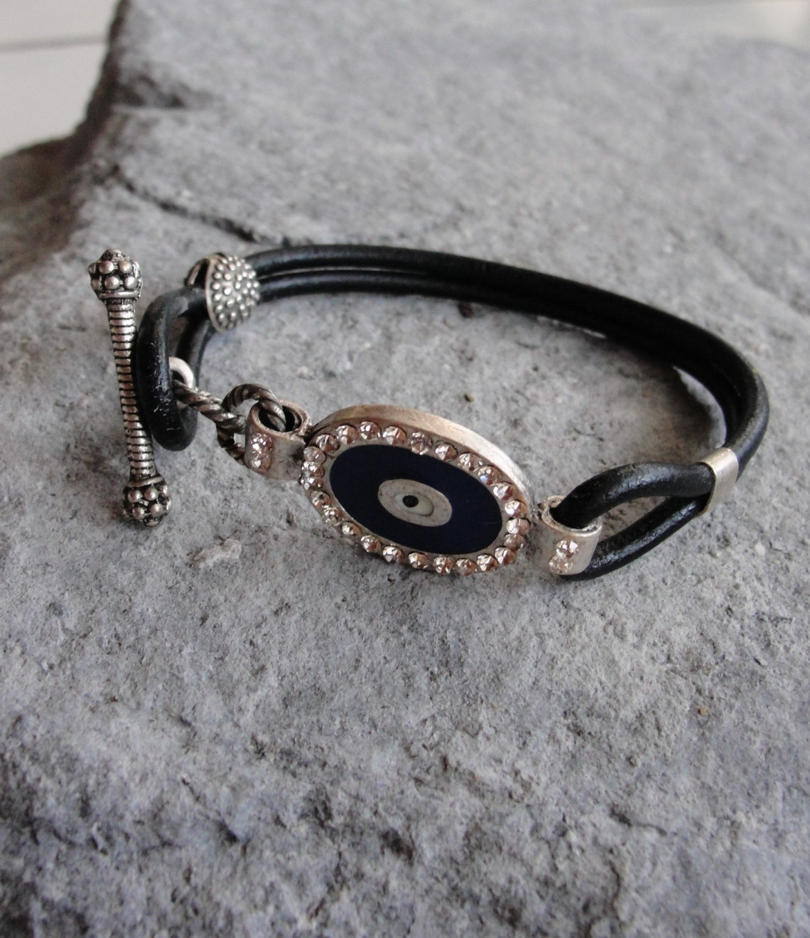 Evil Eye Leather Bracelet Rhinestone Shiny Bling Beach Jewelry - Etsy
