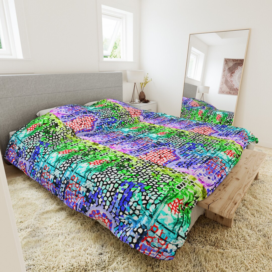 Duvet Cover, Kaleidoscopic Stained Glass Duvet Cover, Vibrant Stained ...